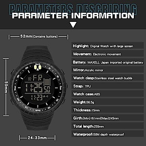 Men Digital Watch Waterproof Sports Military Watch Tactical Watches for Men Wrist Watch Big Face LED Backlight Alarm Stopwatch