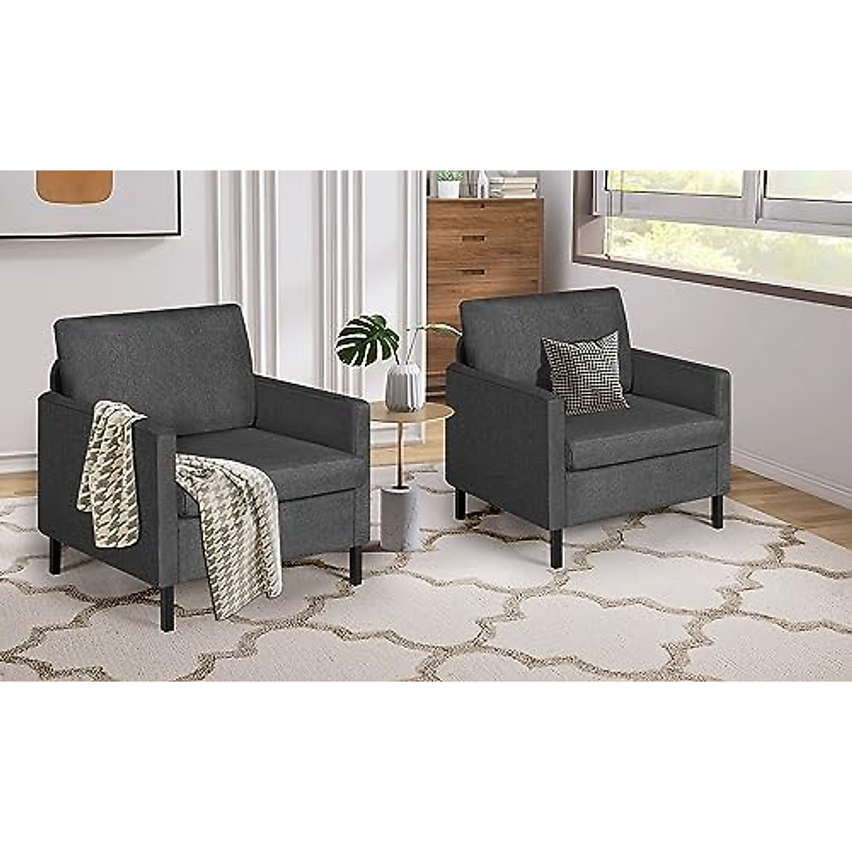 TYBOATLE Modern Upholstered Linen Fabric Accent Arm Chair Set of 2, Living Room Single Sofa Chairs w/Metal Legs, Reading Lounge Armchair for Small Spaces, Apartment, Bedroom, Office (Dark Gray)