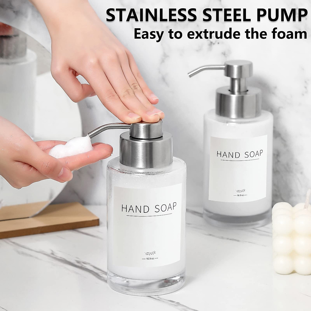 Foaming Soap Dispenser Set, 12 Oz Glass Hand Soap Dispenser with 304 Rust Proof Stainless Steel Pump, Waterproof Labels, for Bathroom Decor Kitchen College Dorm, Clear Silver Pump 2 Pack