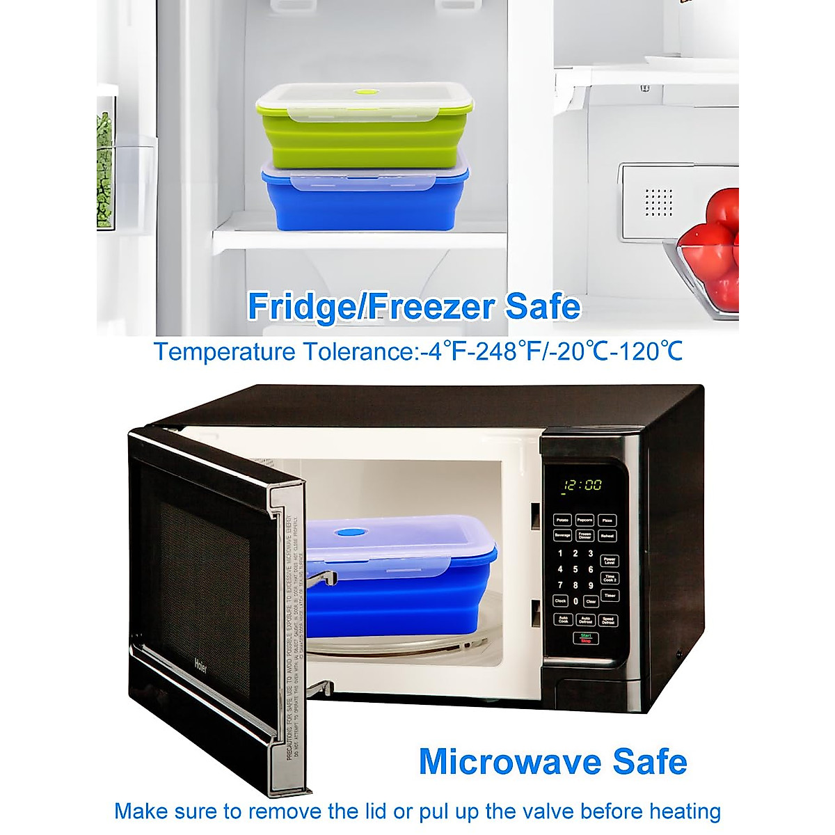 FUSMYE Extra Large Collapsible Silicone Food Storage Containers With Lids, 82.8oz, 2 Pack, XXL Foldable Bento Lunch Box, Big Meal Boxes for Kitchen, Camping, BPA Free