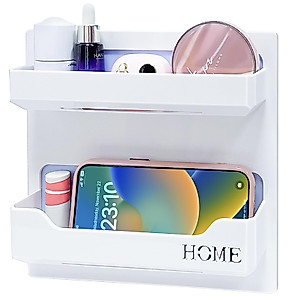 Bedside Shelf Wall Mount, Adhesive Bedside Shelf Accessories Organizer with Hooks and Cable Clips,Dorm Bedside Wall Storage for Phone, Remote, Earphone, Kindle,Plastic (Simple Style)