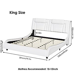 Keyluv Modern Upholstered Bed Frame with Adjustable LED Headboard, Pu Leather Platform Bed with Wave-Like Curve Design and Solid Wooden Slats Support, No Box Spring Needed, Noise Free, King, White