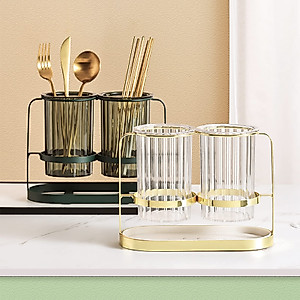 Kitchen Utensil Holder for Countertop 2 Clear White Cups with Gold Iron Frame Cooking Utensil Crock Chic Modern Cutlery Caddy Practical Utensil Pot for Counter for Fork Spoon Knife Flatware Silverware