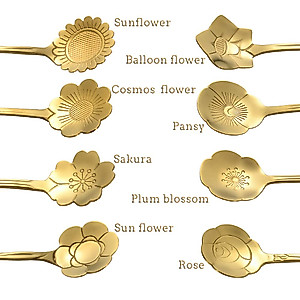 AnSaw 8 Pcs Flower Spoon Set, Stainless Steel Reusable Tea Scoops Stirring Spoon Coffee Spoon Mixing Spoon Sugar Dessert Cake Spoon Ice Cream Spoons Tableware for Tea Parties (length:4.9 inch, Gold)