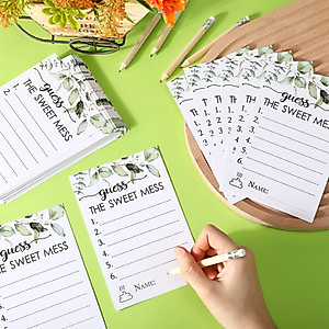 67 Pcs Guess The Sweet Mess Baby Shower Game Dirty Diaper Game Including Guess The Sweet Mess Sign 50 Small Cards 10 Pencils and 6 Number Stickers for Baby Shower Gender Reveal Party (Leaves)