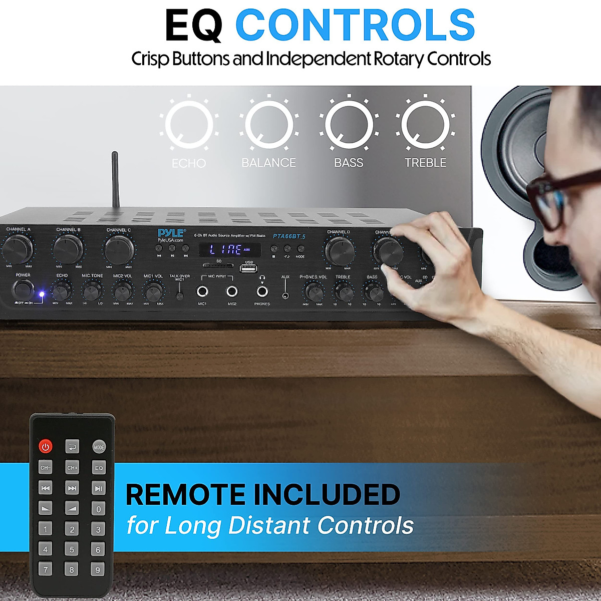 Pyle Wireless Home Audio Amplifier System-Bluetooth Compatible Sound Stereo Receiver Amp - 6 Channel 600Watt Power, Digital LCD, Headphone Jack, 1/4'' Microphone in USB SD AUX RCA FM Radio-PTA66BT.5