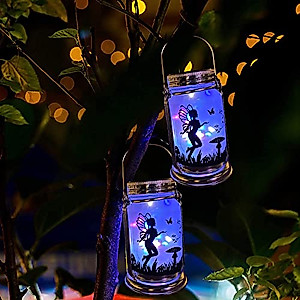 2 Pack Solar Fairy Lantern Mason Jar Light, Red&Purple Rose Flower with Fairy Stickers Mother's Day Gifts Solar Hanging Lantern Stake Lights Garden Wedding Party Decoration(Warm White&Multi Color)