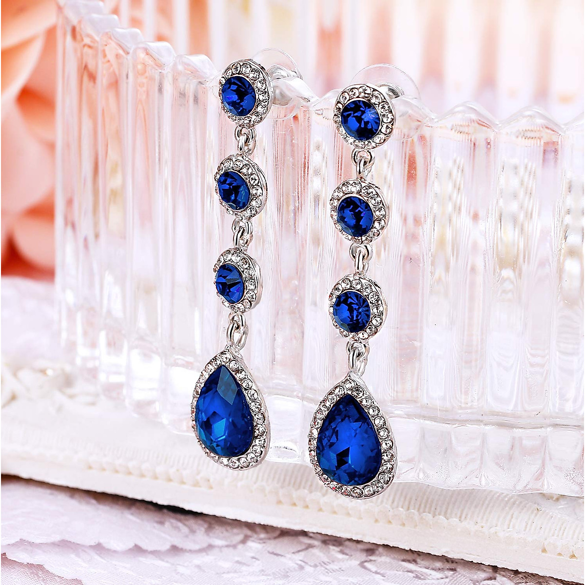 BriLove Wedding Bridal Dangle Earrings for Women Elegant Crystal Teardrop Chandelier Earrings Navy Blue Sapphire Color Silver-Tone