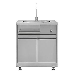 Portable Stainless Steel Sink Station, 32 Inch Single Bowl Kitchen Sink Cabinet, Freestanding Commercial Restaurant Bar Sink with Faucet, Mobile Sink with Hose Hook Up, Bottle Opener and Storage Tray