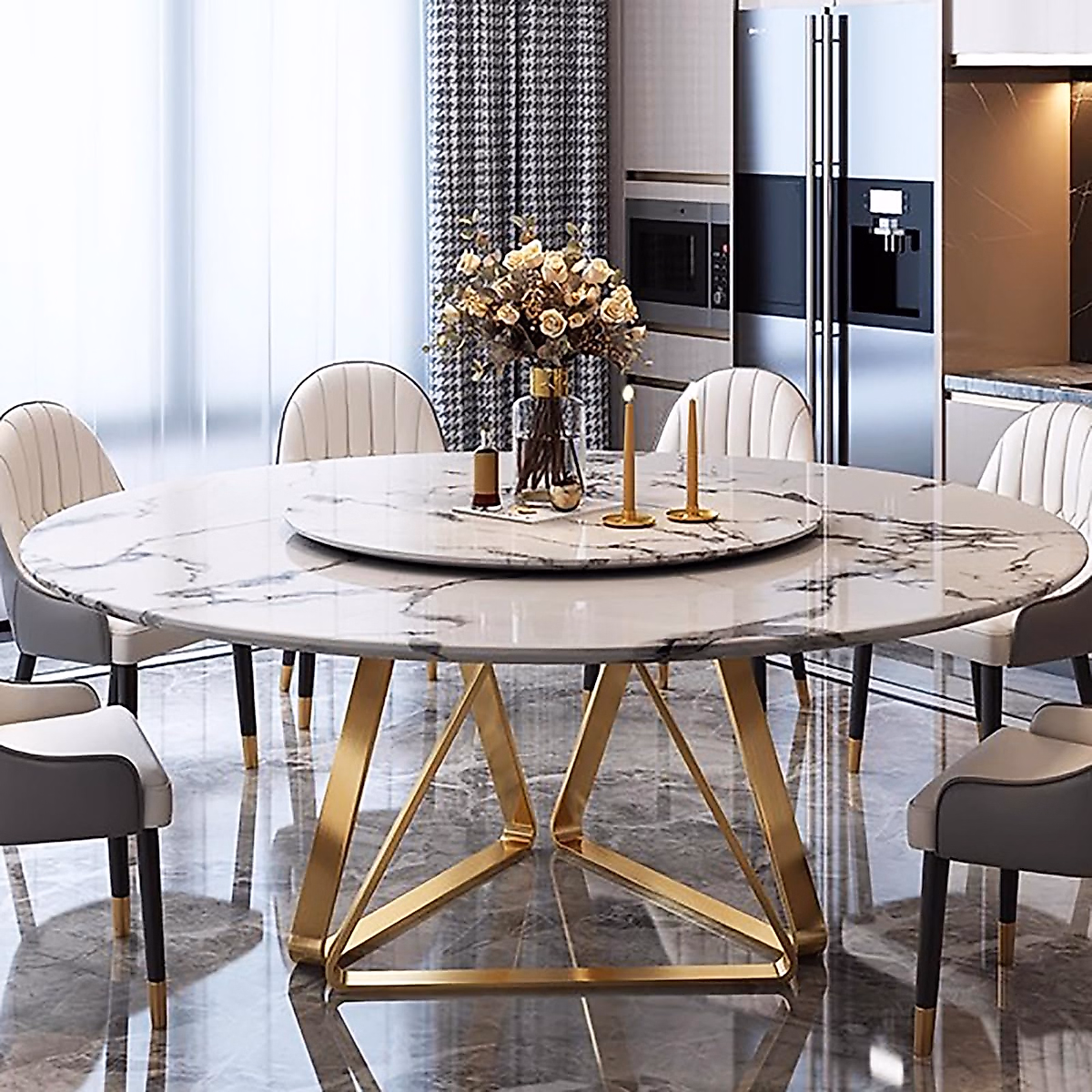 Marble Round Dining Table with Lazy Susan,Modern Kitchen & Dining Room Tables with Metal Base,Premium Circle Dining Table Pedestal Dining-Table Only(70.8" L x 70.8" W x 29.5" H, White & Golden)