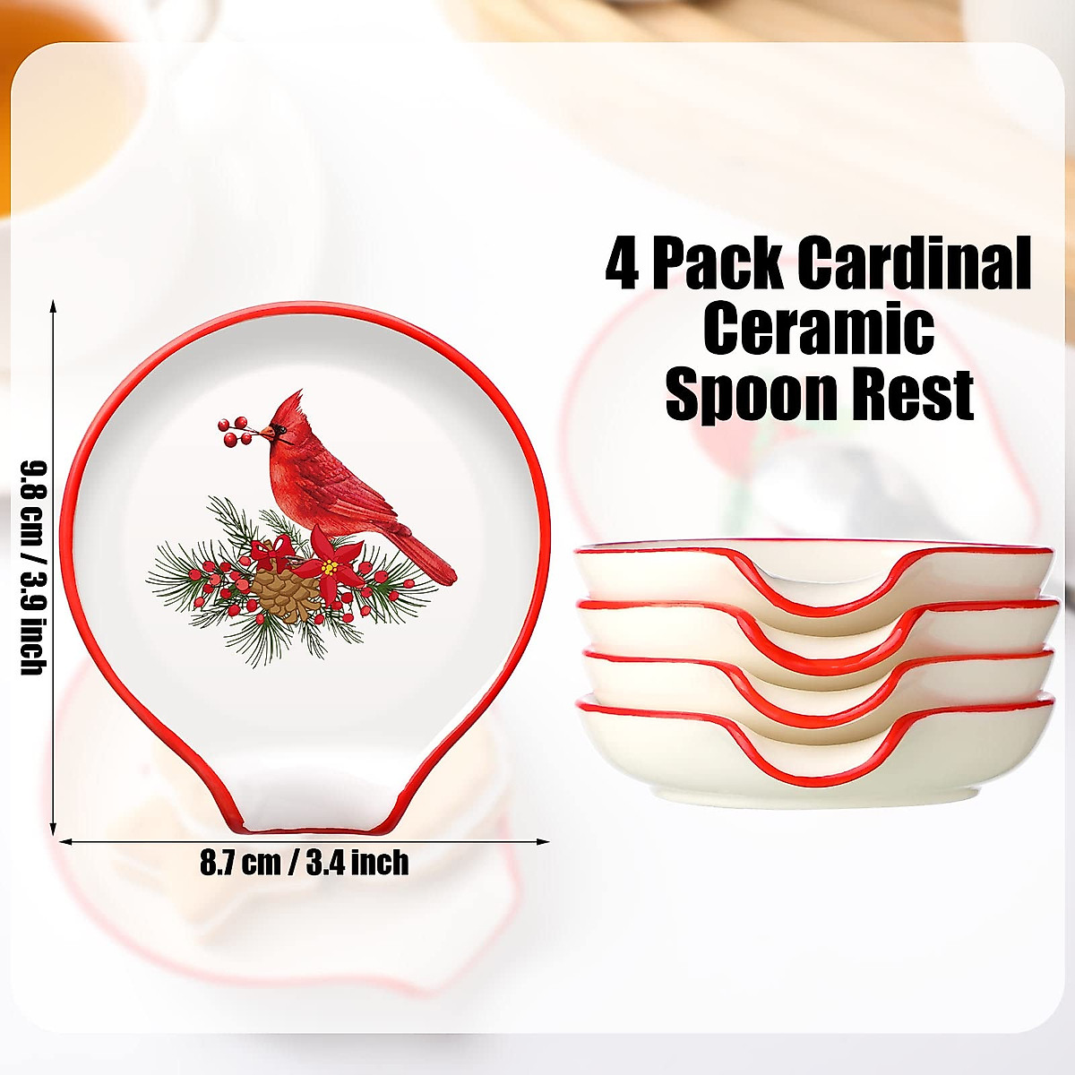 4 Pcs Cardinal Christmas Spoon Rest Set Cardinal Kitchen Decor Red Ceramic Spoon Rest for Stove Top, Winter Cardinals Birds Spoon Rest Xmas Gift for Cooking Utensil Holder Kitchen Counter Decor
