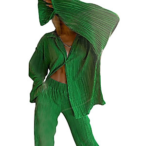 Franhais Wide Leg Pants Sets Women 2 Piece Outfits Casual Long Sleeve Button Down Shirt Linen Pants Outfits Fashion Streetwear (Clear Green, S)