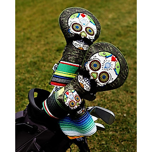 Pins & Aces Golf Co. LE Sugar Skull Mustache Driver Head Cover - Premium, Hand-Made Leather 1W Headcover - Funny, Tour Quality Golf Club Cover - Style and Customize Your Golf Bag Green Camo