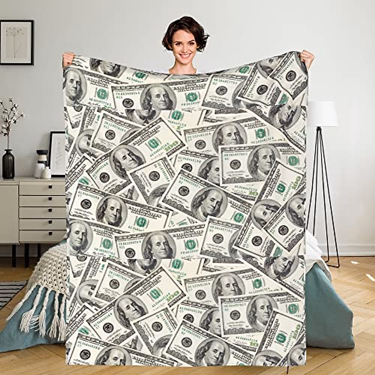 Money Throw Blanket, 100 Dollar Bill Fleece Blankets 50x40 Inch Lightweight Super Soft Cozy Warm Bed Blanket for Kids Adults All Season Use