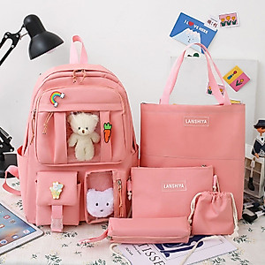 YGYCF Kawaii Backpack 5Pcs Set for Student with Cute Bear Accessories - School Bags for Teen Girls Back to School Supplies Essentials Aesthetic Bookbag, A Pink