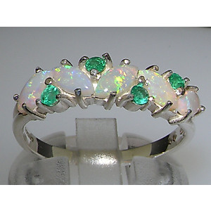 LetsBuyGold 925 Sterling Silver Natural Opal and Emerald Womens Eternity Ring - Size 11.75