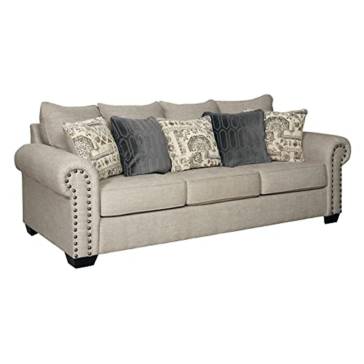 Signature Design by Ashley Zarina New Traditional Queen Sofa Sleeper with Nailhead Trim and 5 Accent Pillows, Beige