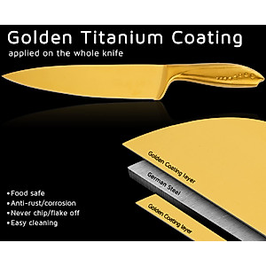 Golden Kitchen Knife Set 5 Piece WELLSTAR, Razor Sharp German Stainless Steel Blade and Ergonomic Handle with Gold Titanium Coated, Chef Carving Bread Utility Paring for Cutting and Peeling - Gift Box