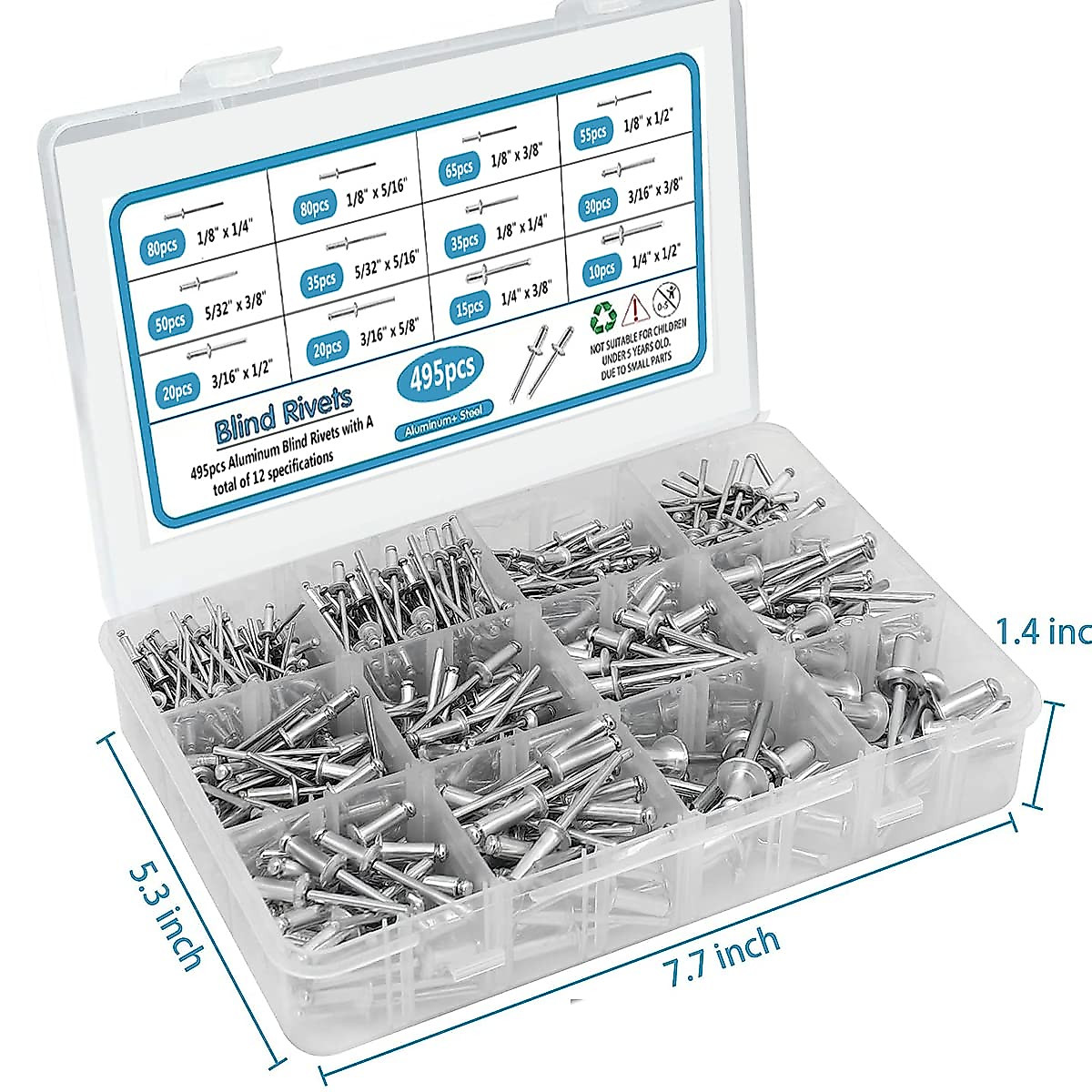 495Pcs Pop Rivets Assortment Kit，Pop Rivets Blind Rivets for Metal Assortment Kit 12 Values
