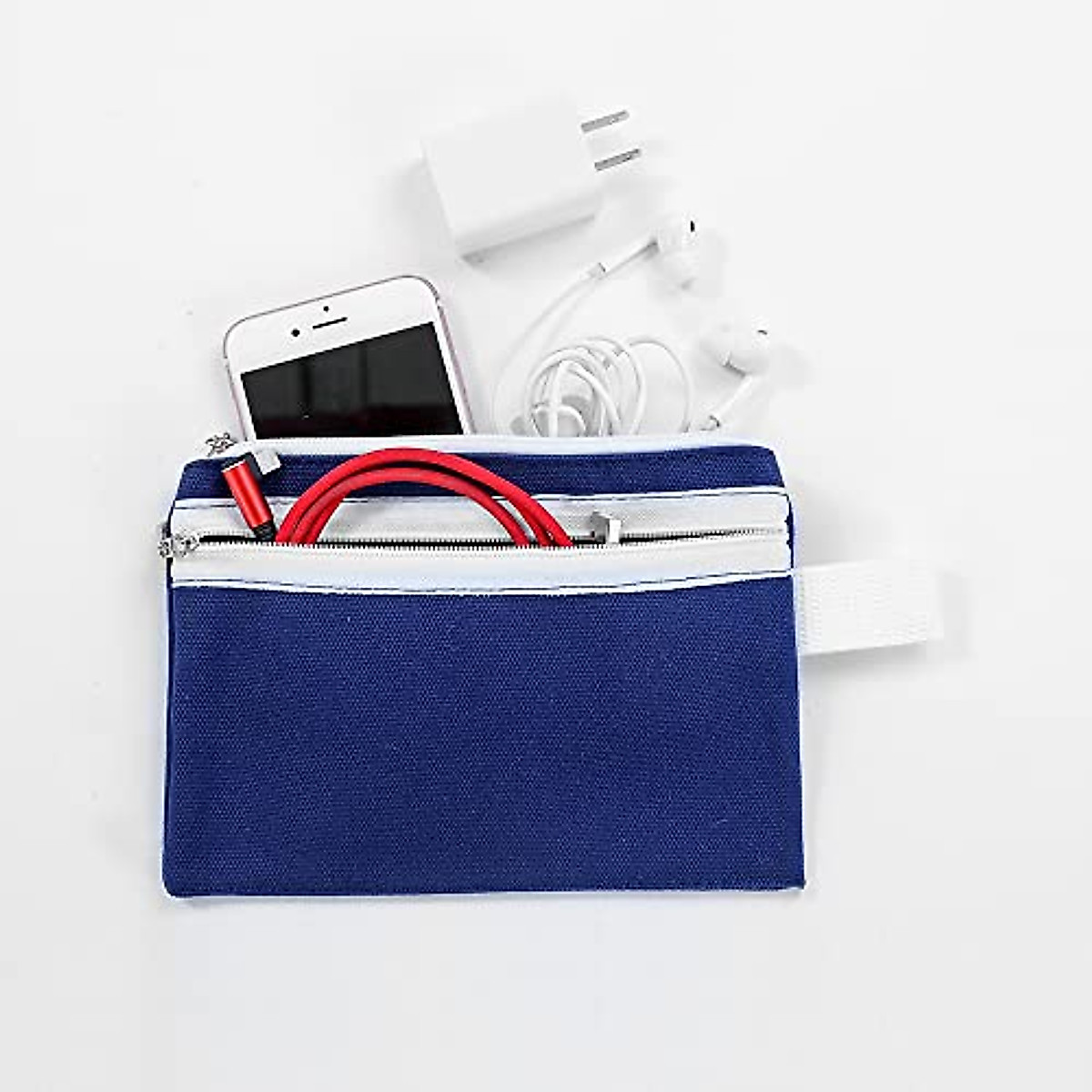 2 Pack 7 x 5 Inch Multipurpose Zippered Bags with 2 Compartments, Tools Keys Pens Small Gadgets Pouches, Smartphone Accessories Organizer, Cotton Canvas Water Resistant, Travel Office Outdoor, Navy