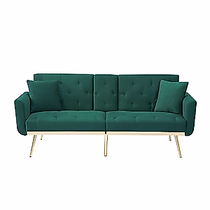 Eafurn Convertible Futon Sofa Bed with 2 Cup Holders, Modern Velvet Split-Back Folding Loveseat Sleeper Couches w/Adjustable Tufted Backrest,Square Armrest Sofabed, Dark Green 72.4" with 2 Pillows