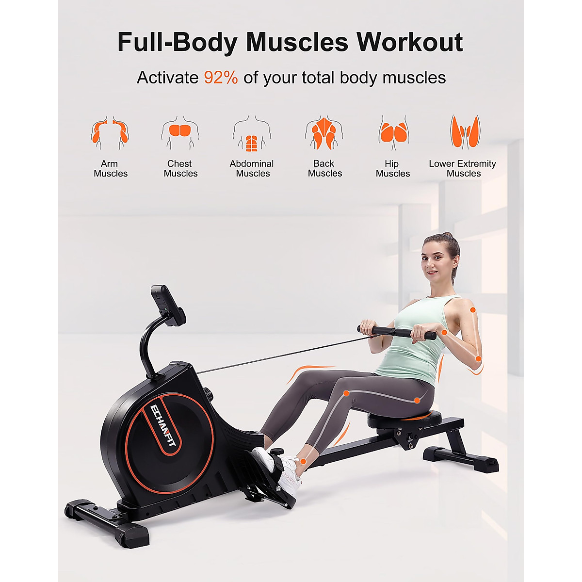 ECHANFIT Magnetic Rower Rowing Machine for Home Use Foldable w/16 Level of Quiet Magnetic Resistance with LCD Monitor and Adjustable Console Angle for Cardio Training (CR49)