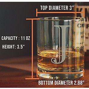 Etched Monogram 11oz Whiskey Rocks Glass (Letter J), A-Z Customized Bourbon Gifts for Men, Personalized Old Fashioned Scotch Glass, Custom Engraved Gifts for Him, Initial, Name, Regalos Personalizados