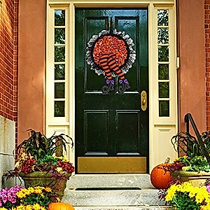 Halloween Door Wreaths Pumpkin Wreaths, Halloween Wreaths Hello Sign Leg Props Pinecone Pumpkins Artificial Rusty Birch Leaves Welcome Sign Party Halloween