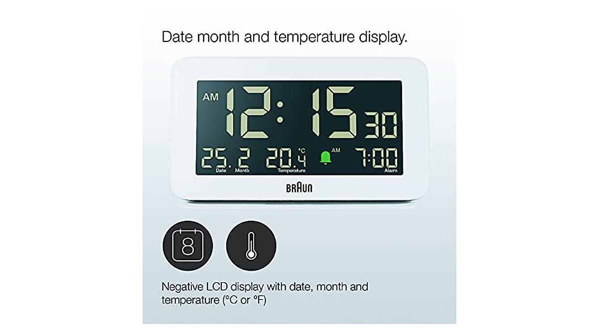 Braun Digital Alarm Clock with Date and Temperature - BC10W