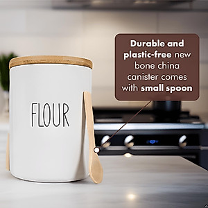 Arthausen White Ceramic Storage Jar Canister for Flour - Airtight Bamboo Lid w/Silicone Seal, Spoon - Modern Abstract Art Design for Kitchen Counter or Bathroom - 4 cup / 1080mL
