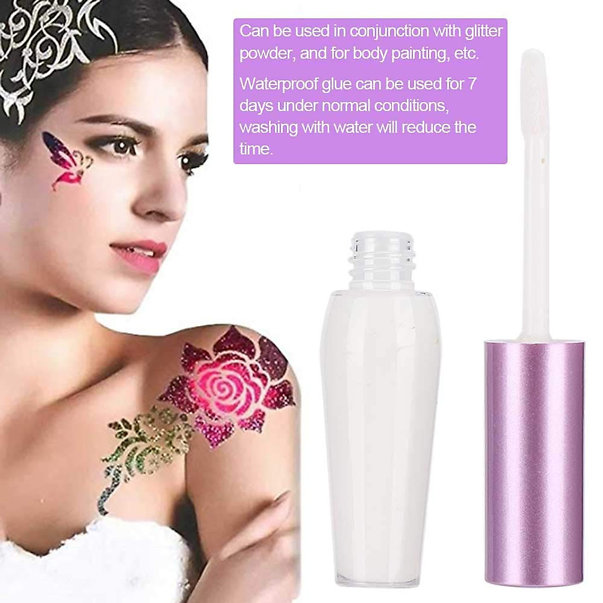Body Glitter Glue, Adhesive Cosmetic Temporary Tattoo Glitter Powder Glue Body Painting Face Eyebrows Hair Nails Tattoo Gel Beauty Tool for Festival Carnival Concert Party Beauty Rave Accessories 7ml