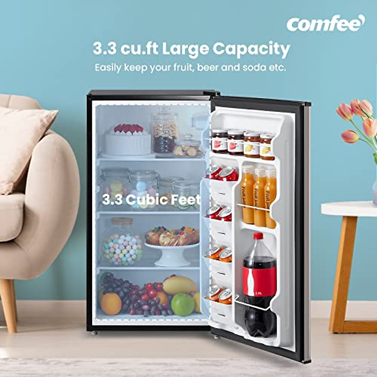 COMFEE' CRM33S3AST Cubic Feet Compact Singel Door Mini Fridge for Bedroom Office Garage Studio Dorm with 3 Removal Glass Shelves Stainless Steel Refrigerator, 3.3 Cuft, Silver