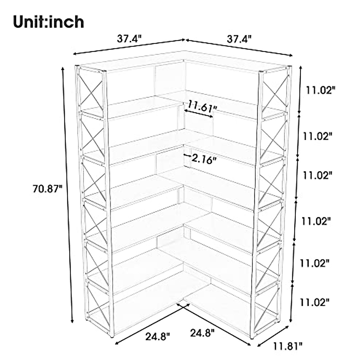 Corner Bookcase, 7-Tier L-Shaped Tall Bookshelf with Open Storage, Freestanding Industrial Etagere Shelf with Metal Frame for Home Office Funiture, Grey, Silver Frame