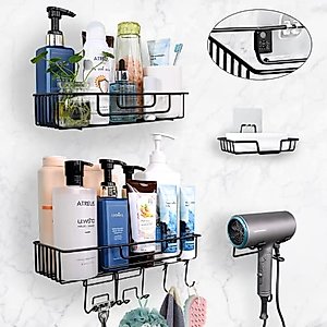 EATAKWARD 4 Pack Shower Caddy Basket Shelf with Soap Dish,Hair Dryer Holder &Hooks Strong Adhesive Wall Mounted Shelf Organizer Storage Rack 304 Stainless Steel Shelves for Bathroom Kitchen, Black