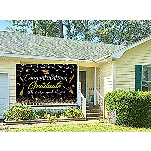2023 Graduation Party Supplies Graduation Banner Black and Gold Large 71” x 45” Backdrop with Congrats Grad Graduation Decorations Indoor Outdoor