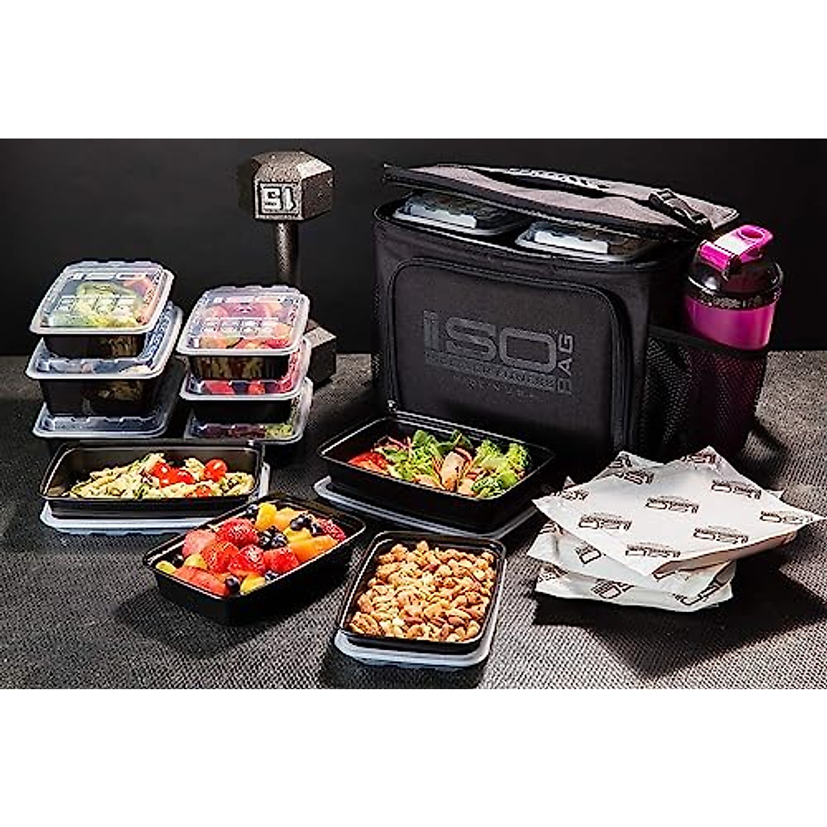 Isolator Fitness 6 Meal ISOCUBE Meal Prep Management Insulated Lunch Bag Cooler with 12 Stackable Meal Prep Containers, 3 ISOBRICKS, and Shoulder Strap - MADE IN USA (Blackout)