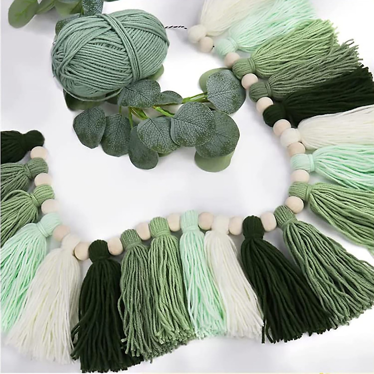 Christmas Tassel Garland with Wood Bead Jungle Leaves Garland Banner for Classroom Party Nursery Kids Bedroom Room Wall Birthday Baby Shower Wedding Decor (E)