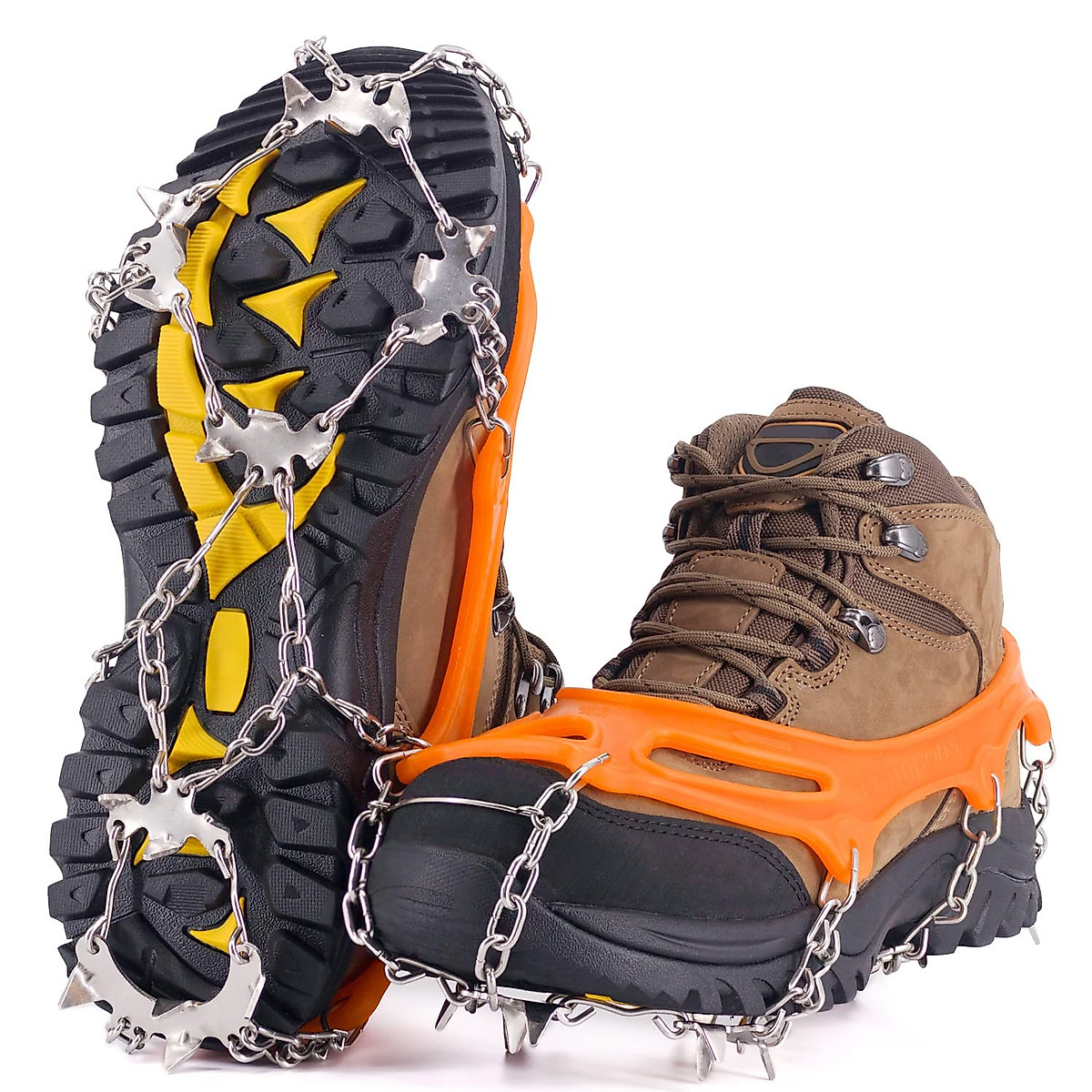 NewDoar Ice Cleats Crampons Traction,19 Spikes Stainless Steel Anti Slip Ice Snow Grips for Women, Kids, Men Shoes Boots, Safe Protect for Mountaineering, Climbing, Hiking, Walking, Fishing,(Orange,M)