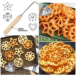 5PCS Bunuelos Mold Set Cake Snack Mold with Wooden Handles,Rosette Maker Cookie Bunuelos Tool Including Stars Flowers Hearts Circles Mold (5PCS Mold Set)