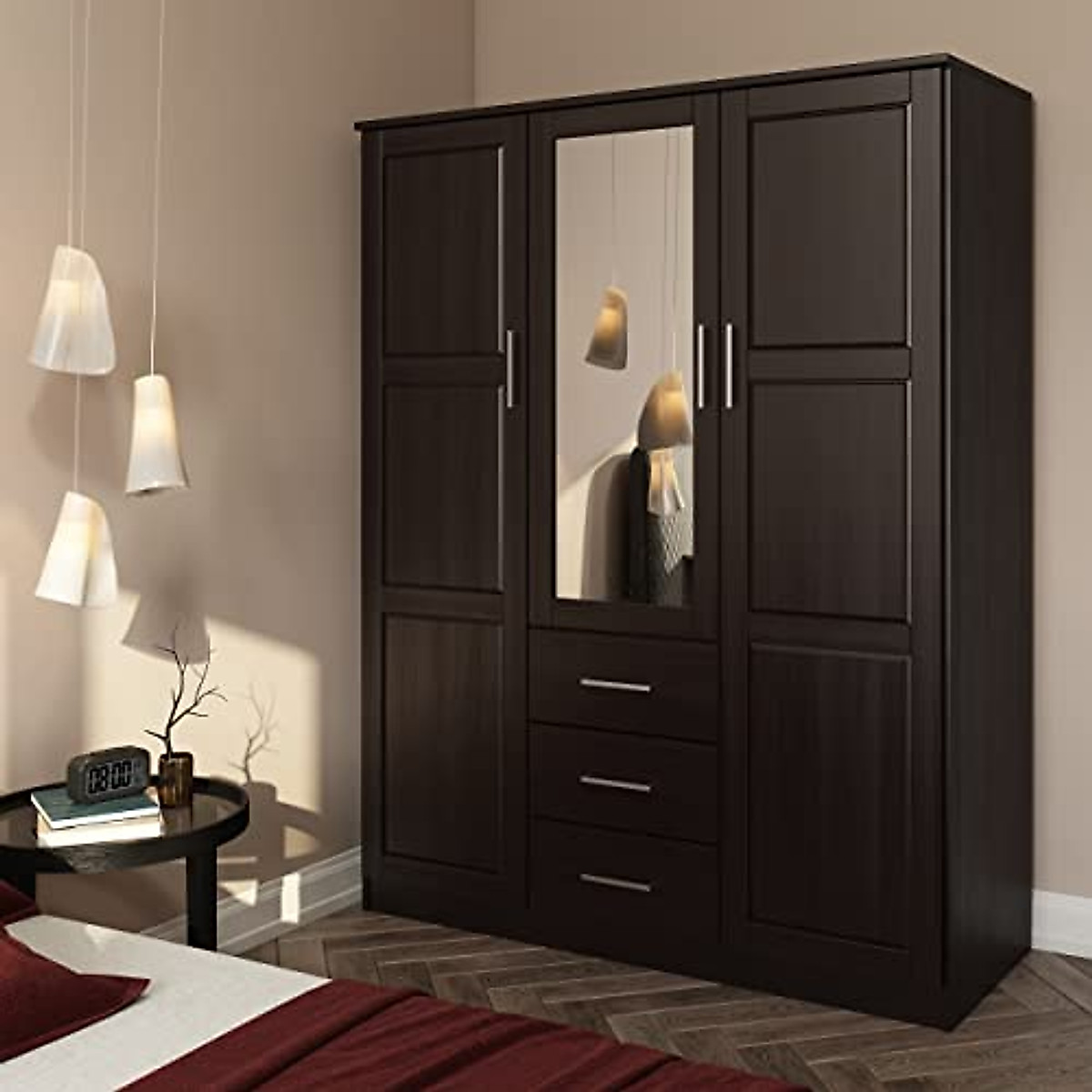 Palace Imports Cosmo Solid Wood 3-Door Wardrobe with Mirror and 3 Drawers, White. Additional Shelves Sold Separately.