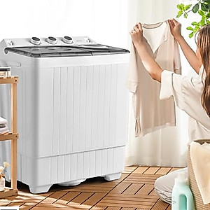 COSTWAY Portable Washing Machine, Twin Tub 26lbs Capacity Laundry Washer, 18lbs Washer and 8lbs Spinner Combo with Timer Knobs, Built-in Drain Pump, Compact Washer for Home Dorm Apartment (Grey+White)