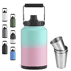 Tronco One Gallon Vacuum Insulated Bottle,128OZ Stainless Steel Water Jug with Straw and 3 Cups,Sweat-Proof and Leak-Proof,Fit for Outdoor/Sport/Camping/Traveling/Gym/Gaming-Gren Pink