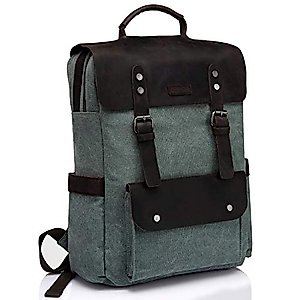 VASCHY Canvas Laptop Backpack, Vintage Leather Backpack for Men Women Canvas Rucksack Daypack for Work