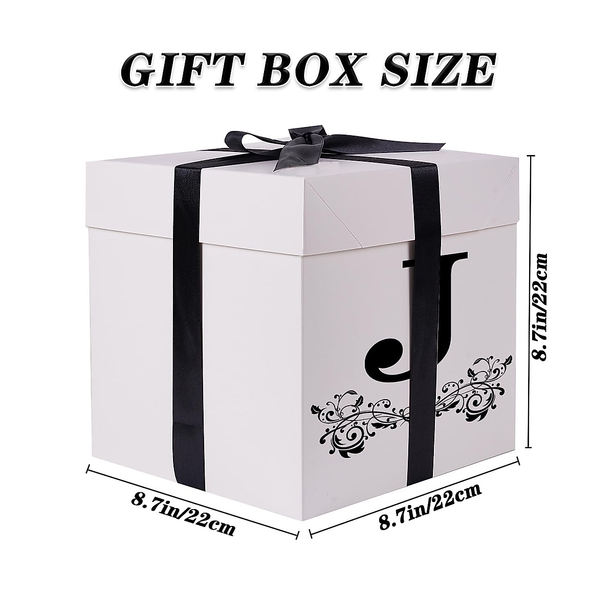 Jaywayang Letter Gift Box with Lid, Ribbon and Warpping Tissue, 8.7" White and Black Gift Box for Men Women Birthday, Baby Shower, Anniversary, Wedding Party Favor Christmas Decorative (Medium Letter J)
