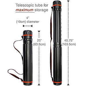 VViViD 25” - 40.75” inch Black Telescoping Storage Tube, with Carrying Strap, for Posters, Documents, Art, Blueprints, and More