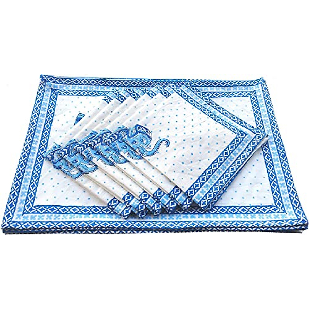 FIKIMOS Hand Block 100% Cotton Indian Style Theme Dining Table Mats and Napkins Set of 6 Place-mats Runners (Blue-03)