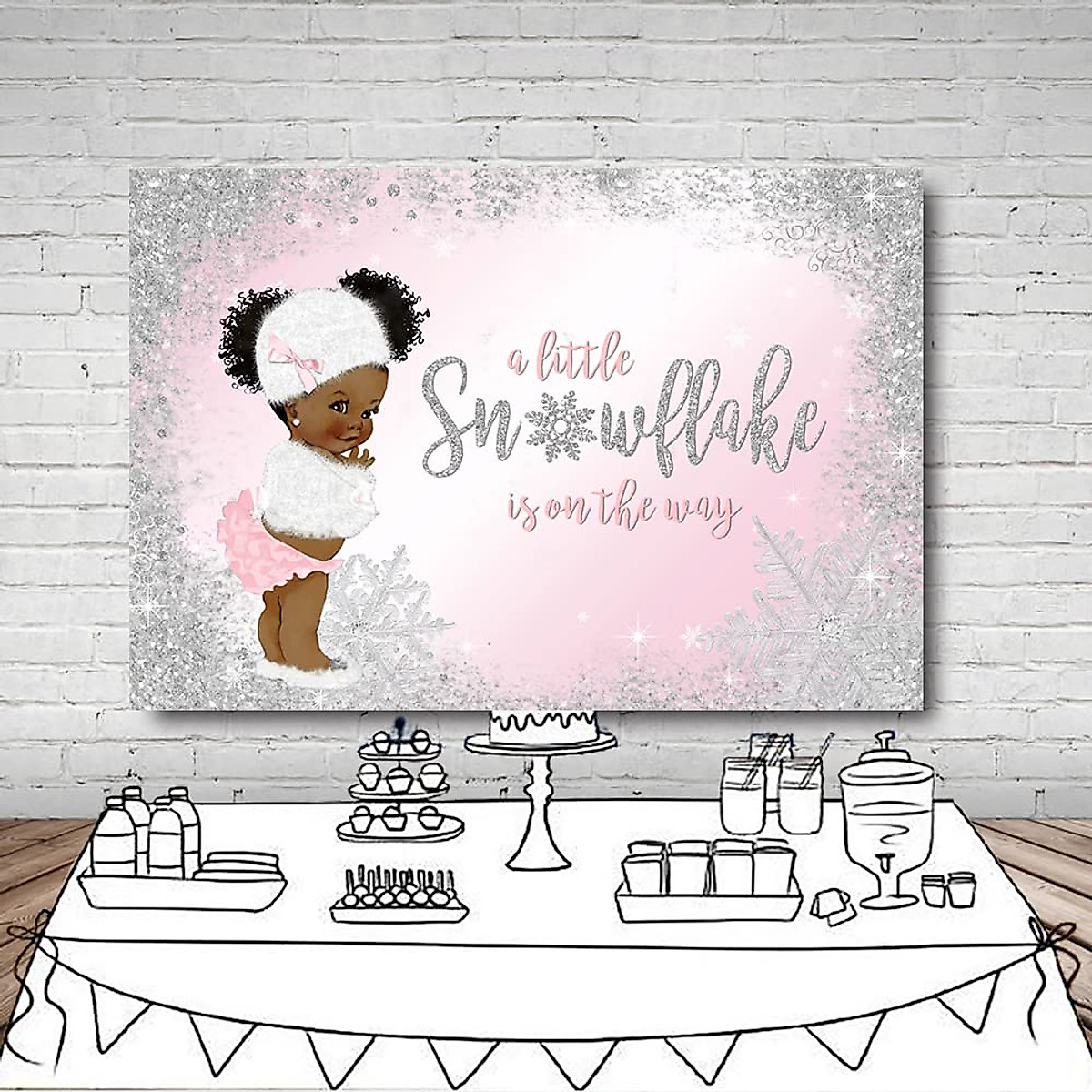 MEHOFOND Winter A Little Snowflake is On The Way Backdrop for Girls Baby Shower Pink Silver Glitter Snowflakes Baby Shower Party Decorations Photography Background Photo Shoot Banner Supplies 7x5ft