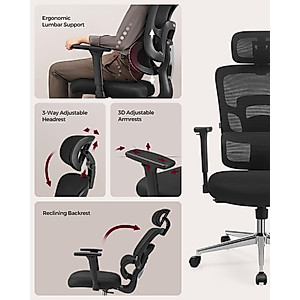 VASAGLE Ergonomic Office Chair, High Back Desk Chair, Mesh Computer Chair with Height Adjustable Lumbar Support, Adjustable 3D Headrest and Armrests, for Home Office, Ink Black UOBN070B21