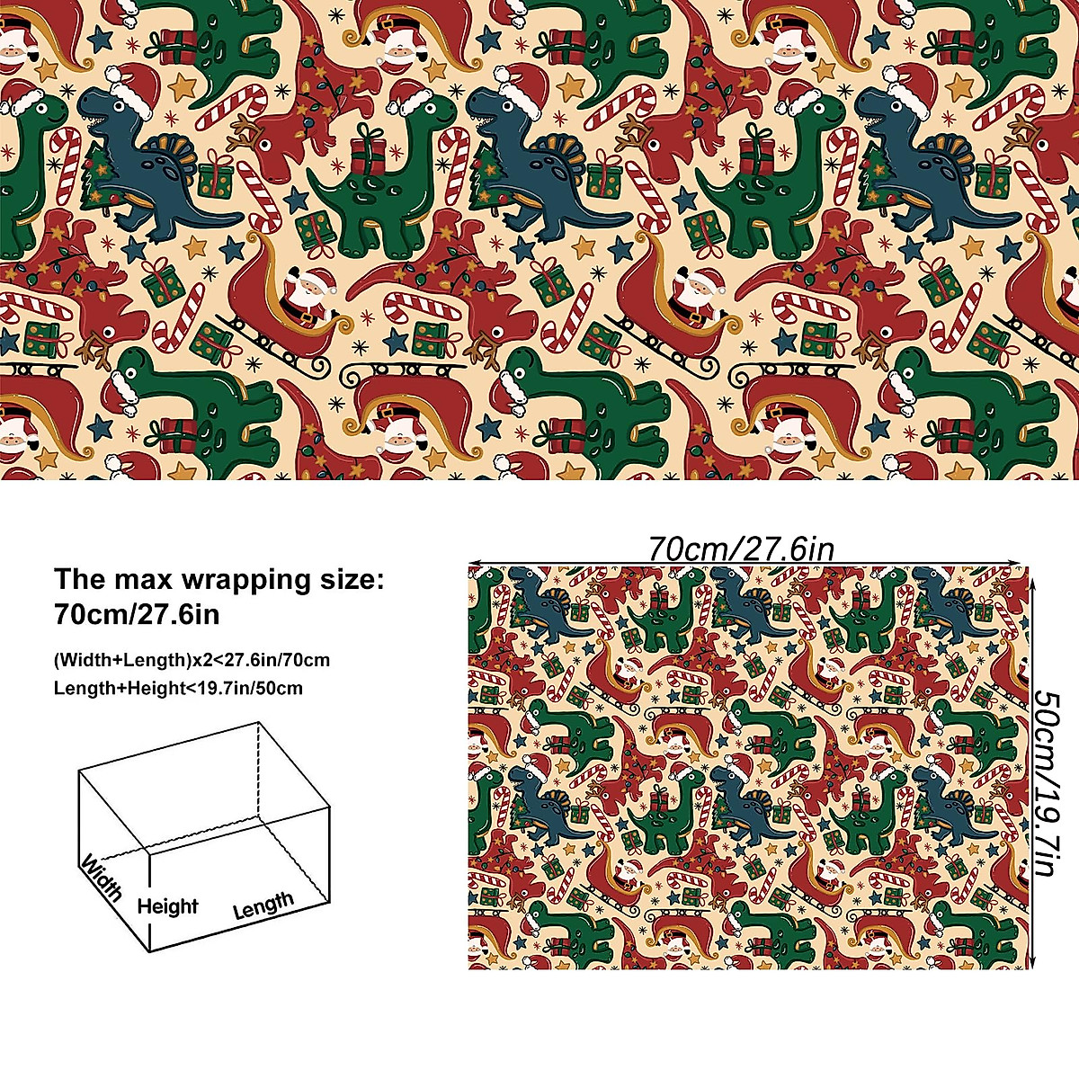 Dtiafu Dinosaur Wrapping Paper For Boys Girls Kids - 8 Sheets Dino Christmas Gift Wrap with Santa Candy Cane Joy for Birthday Wedding Holiday - Cute Cream Wrapping Paper - 20 x 28 Inch Per Sheet…