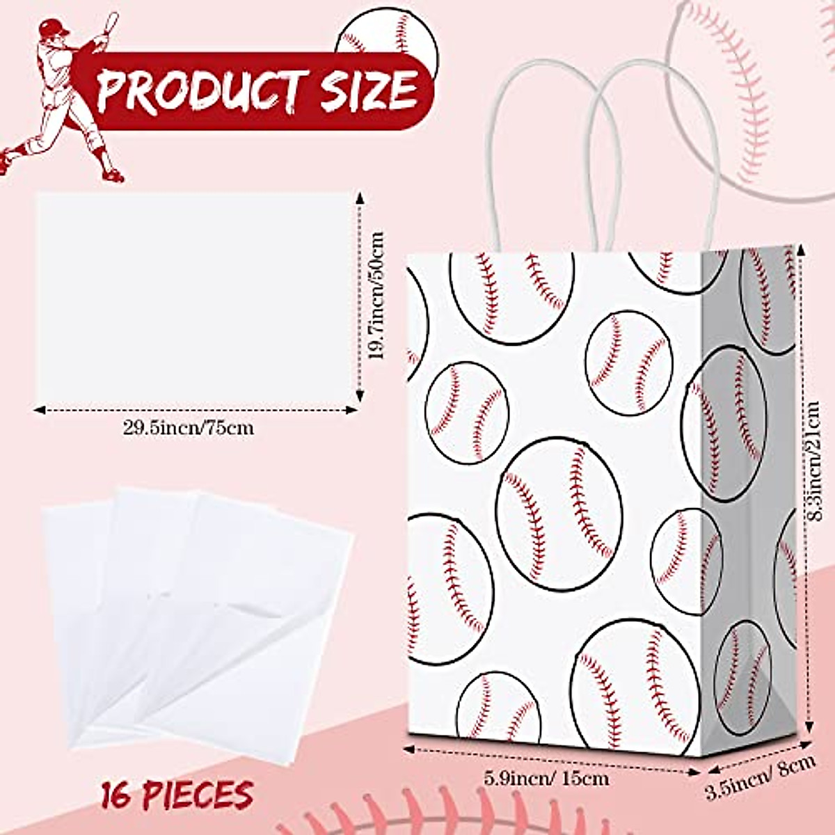 16 Pieces Baseball Gift Bags with Tissue Paper Baseball Party Bags with Handles Baseball Goodie Bags Baseball Treat Bags for Kids Sports Theme, Birthday Party, Sports Party (White, Baseball)